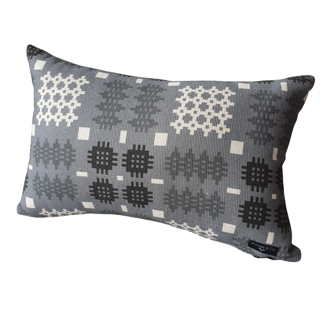 Welsh Tapestry Print Cushion - Grey - Moose & Co – Cadwyn Cyf